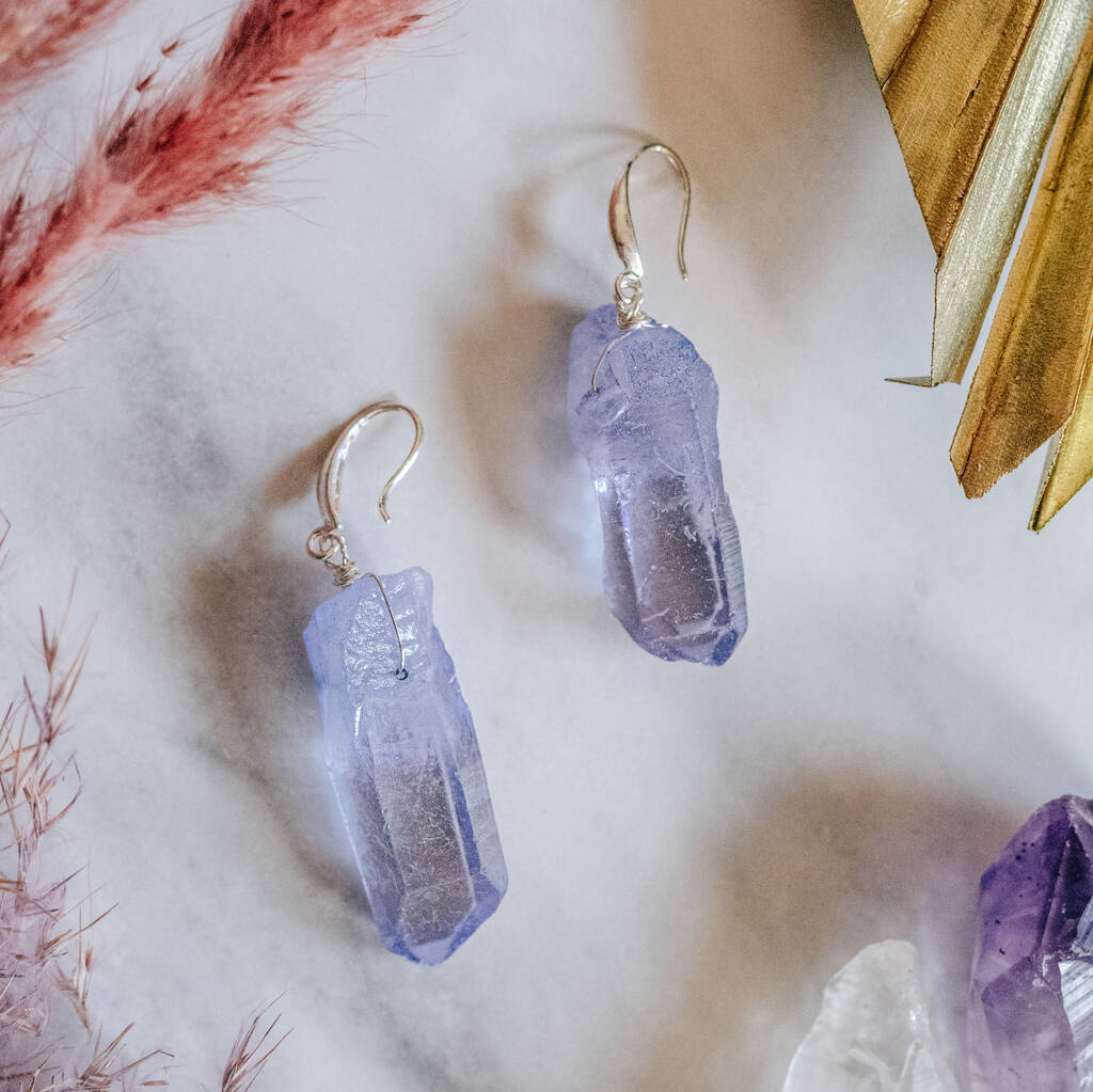 925 Silver Raw Cut Purple Agate Crystal Earrings By Xander Kostroma