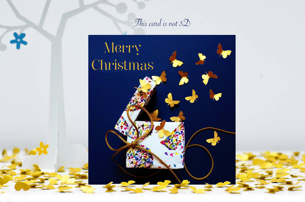 Five Present With Gold Butterflies Christmas Cards Pack By Inkywool ...