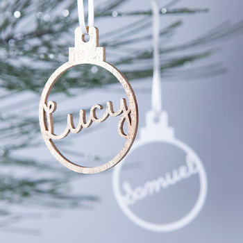 personalised wooden name christmas bauble by clouds and currents ...