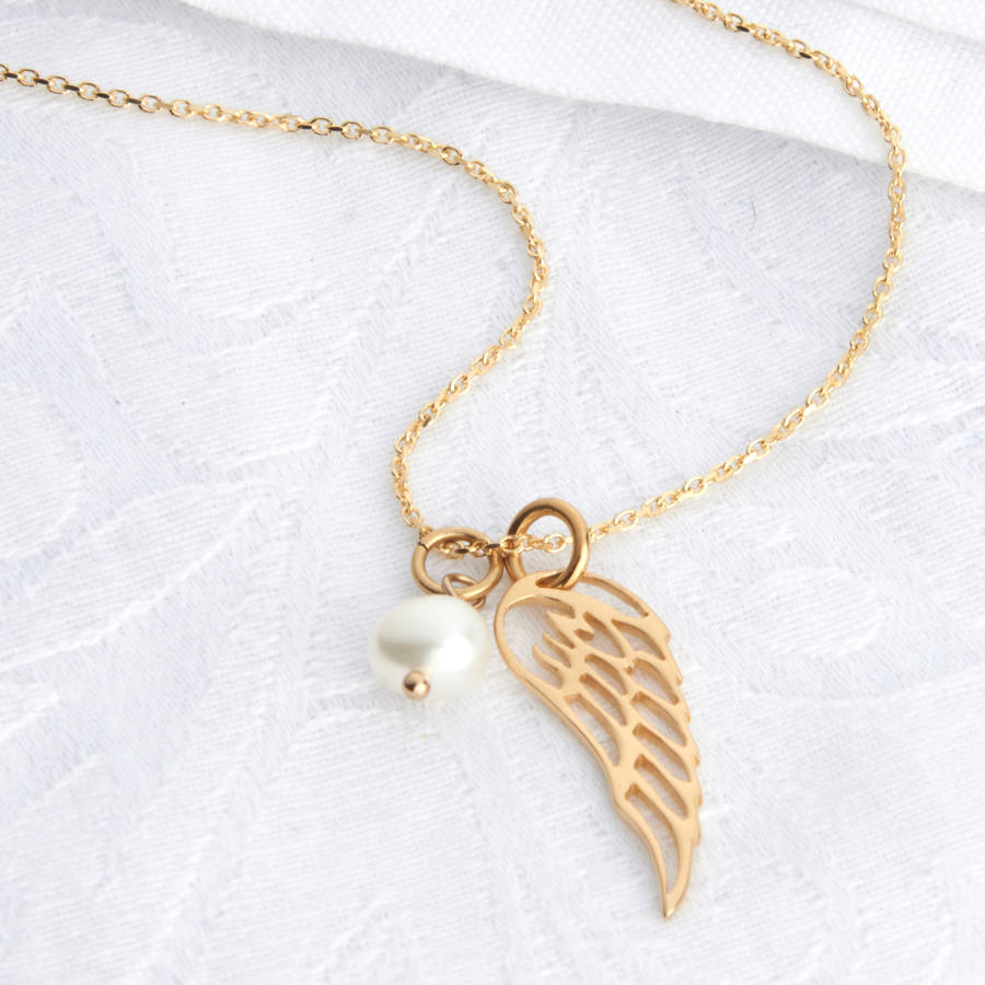 rose or yellow gold angel wing and pearl necklace by hurleyburley ...