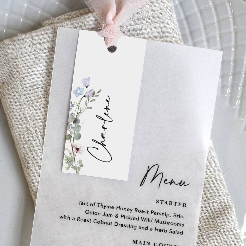 Periwinkle Vellum Wedding Menu Cards With Guest Name Tags And Ribbon By ...