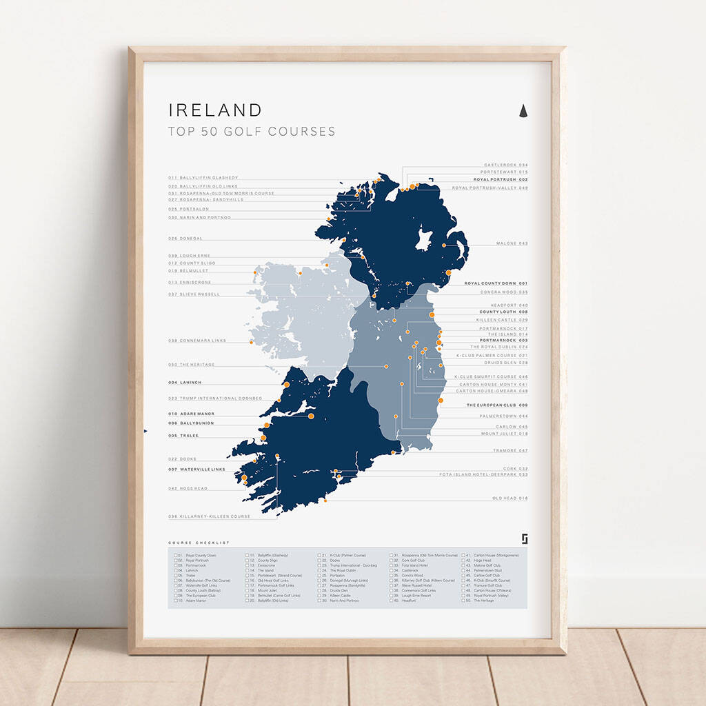 Blue Ireland Golf Course Map And Checklist Top 50 By Replay Prints ...