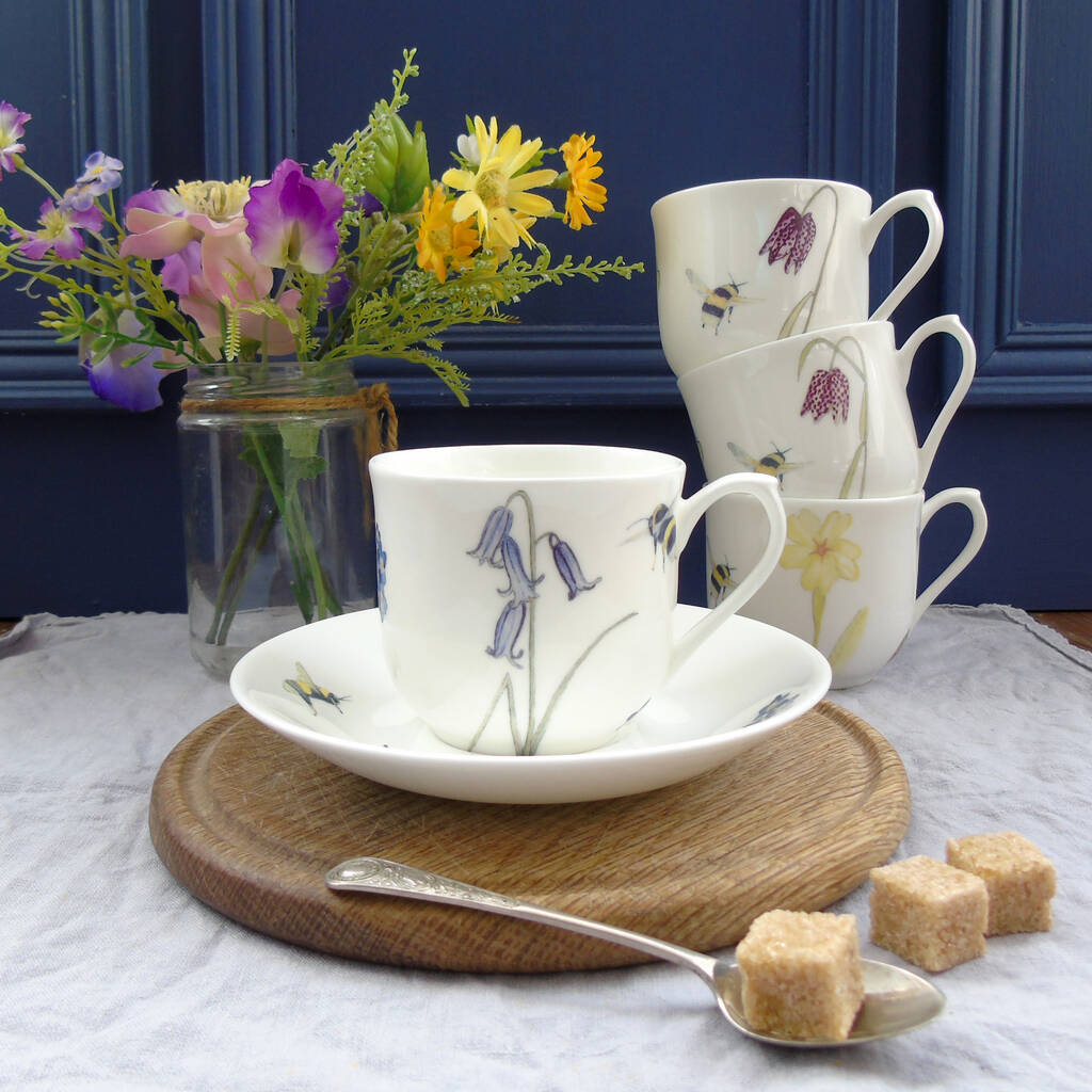 Bee And Spring Flowers China Teacup And Saucer By littlebirdydesigns ...
