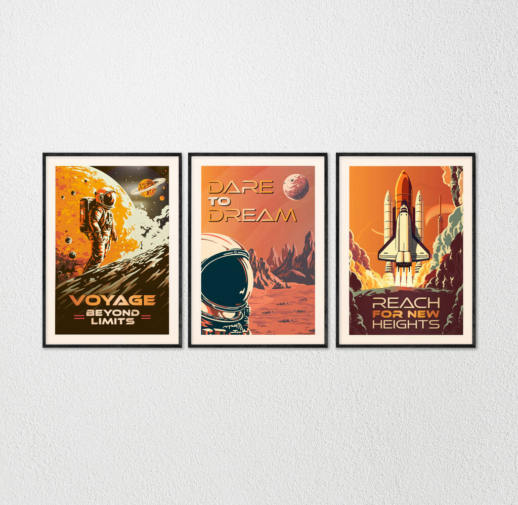 Set Of Three Space Themed Retro Unframed Posters Mixed Sizes By Over & Over