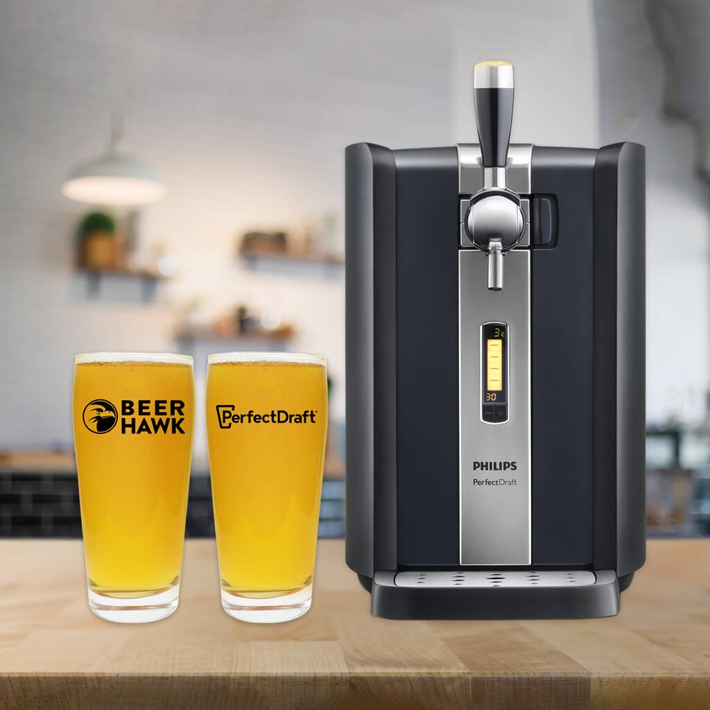 Perfect Draft Beer Keg Machine And Two Glasses By Beer Hawk