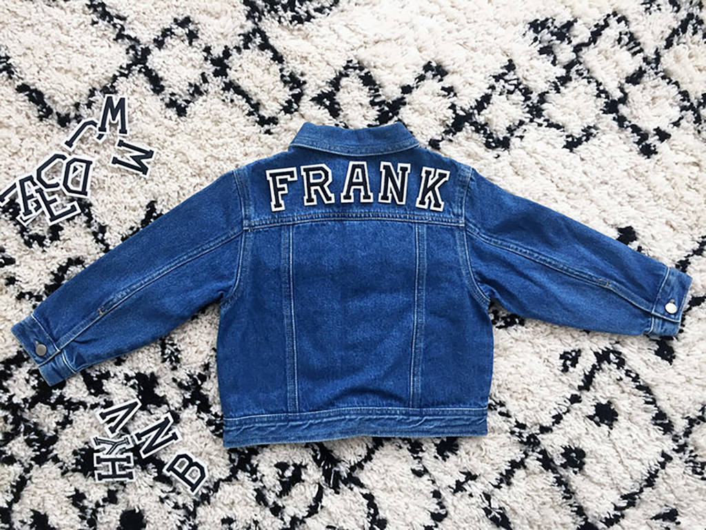 kids personalised denim jacket b/w letters by patchy tiger ...