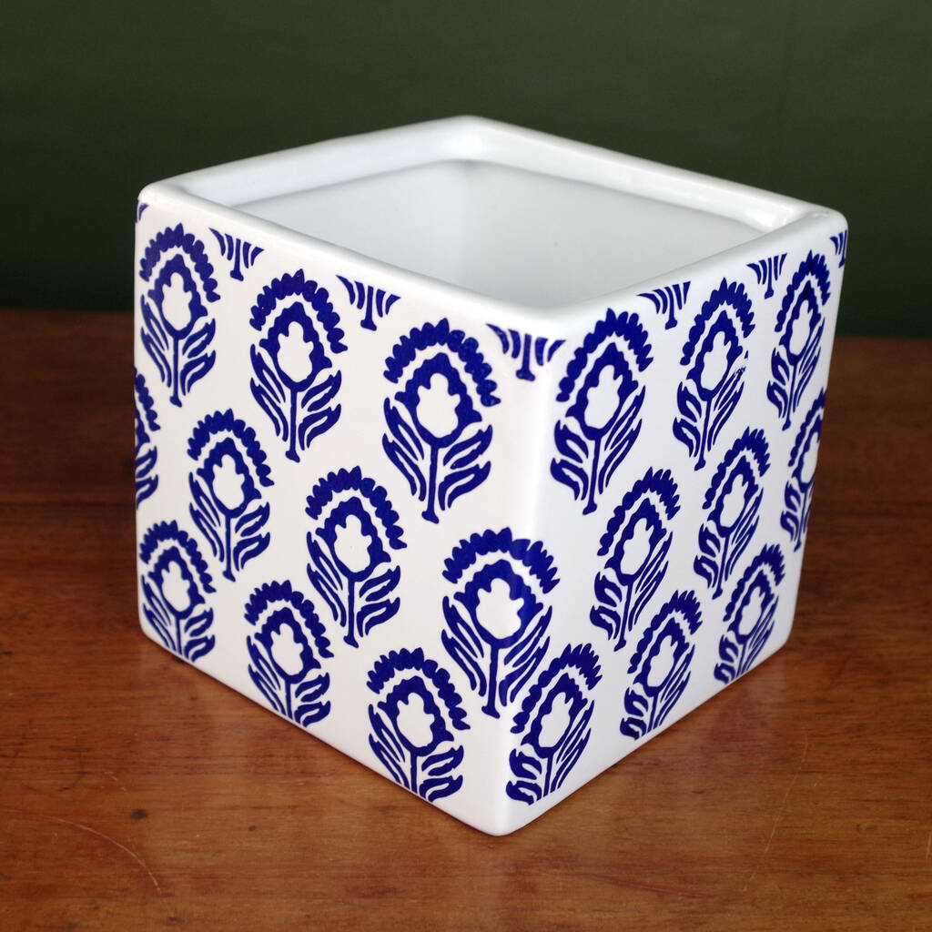 Ceramic Cube Planter Blue White Print Plant Pot By Leaf Design UK