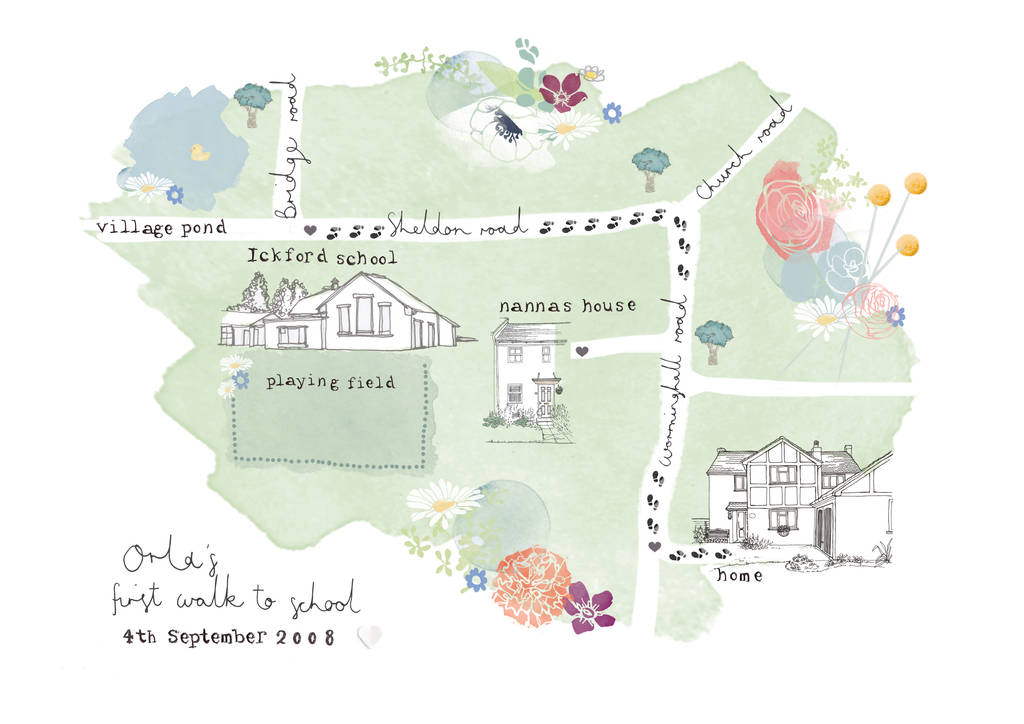 personalised first walk to school illustrated map by bryony fripp ...