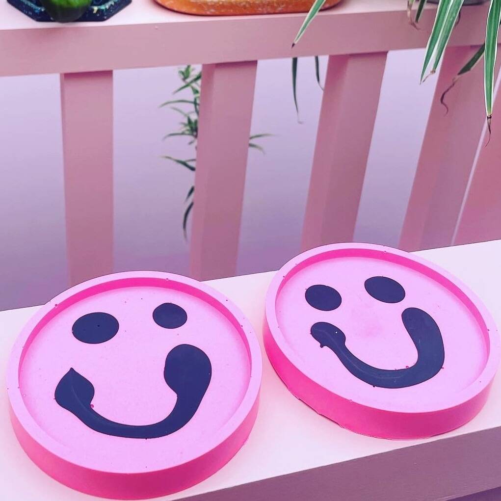 Smiley Face Coasters/ Trays Neon Pink Set Of Two By Made By Robyn ...