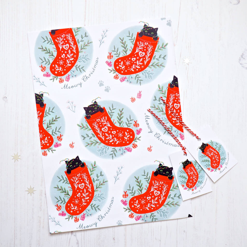 Meowy Christmas Cat Wrapping Paper Set By Watercolour Sky