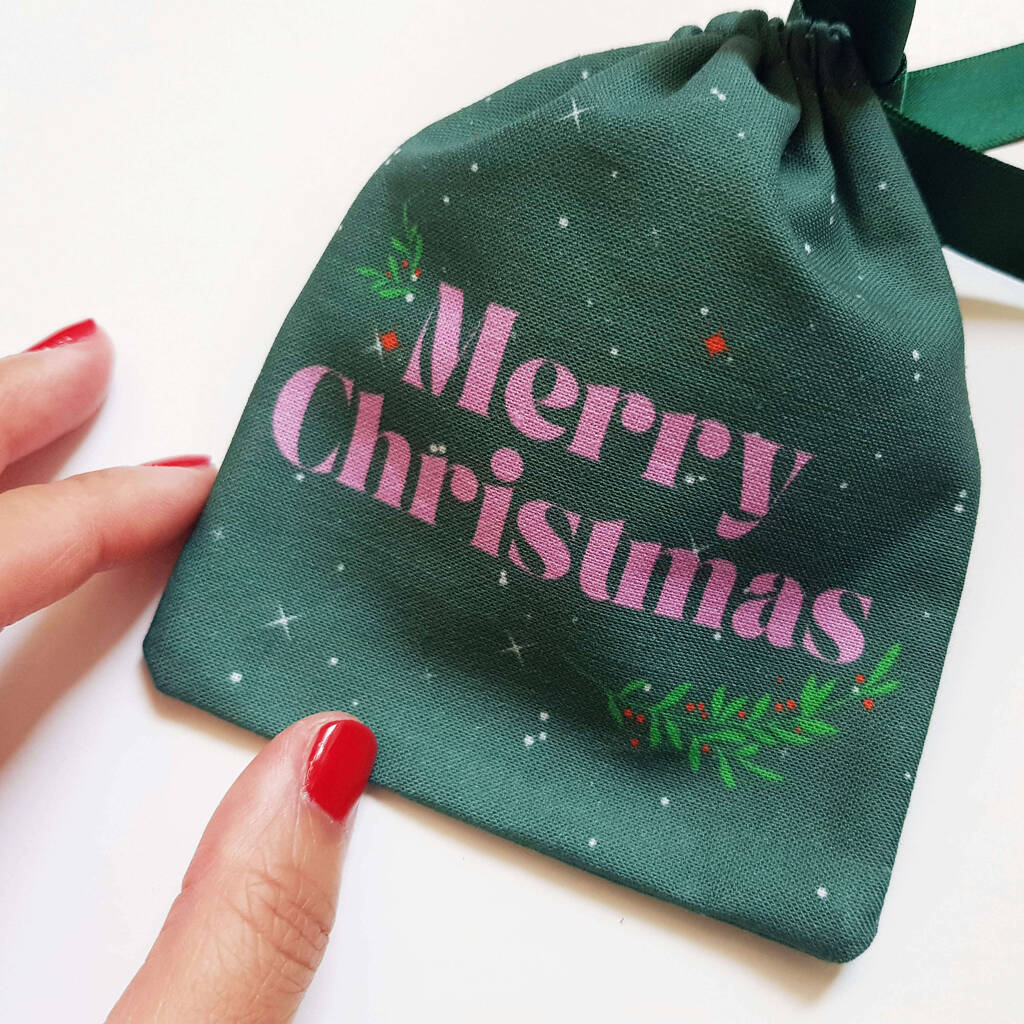 'Merry Christmas' Handmade Green / Pink Reusable Pouch By Six Acre ...
