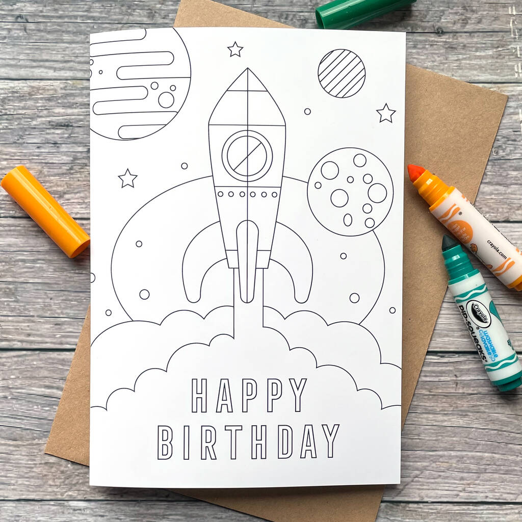Kids Space Themed Colour In Birthday Cards Pack By Handmade By If ...