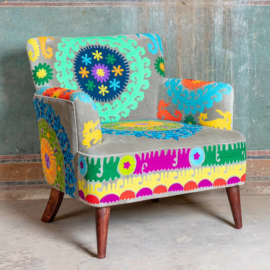 Multicolour Embroidered Velvet Armchair By Birch & Yarn ...