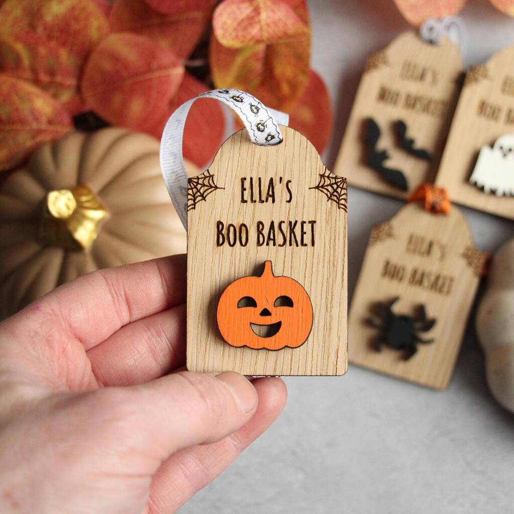 Personalised Halloween Boo Basket Name Tag Engraved By The Wood Look