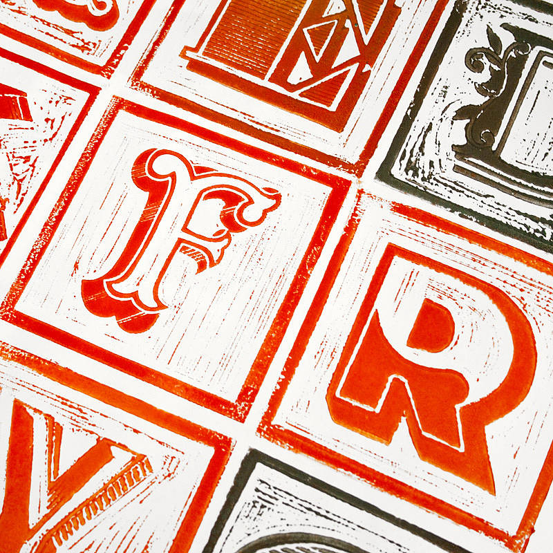 individual alphabet letter, lino cut by lateral inking ...