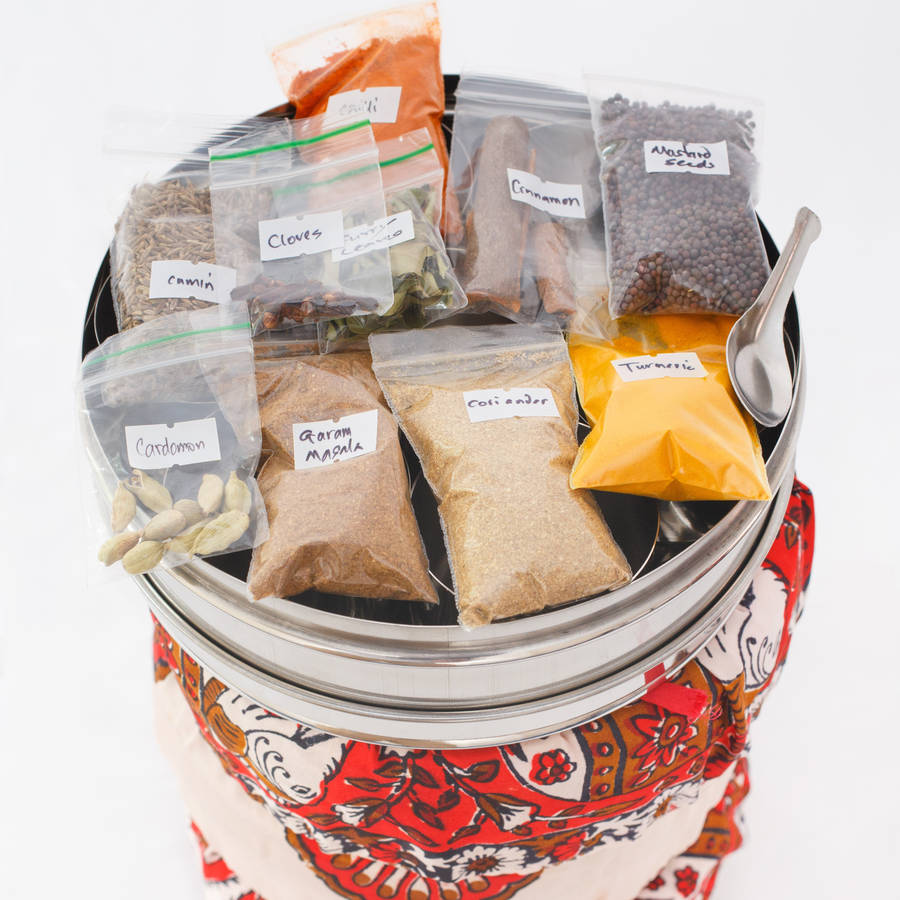 indian spices with tin and silk wrap by spice kitchen ...