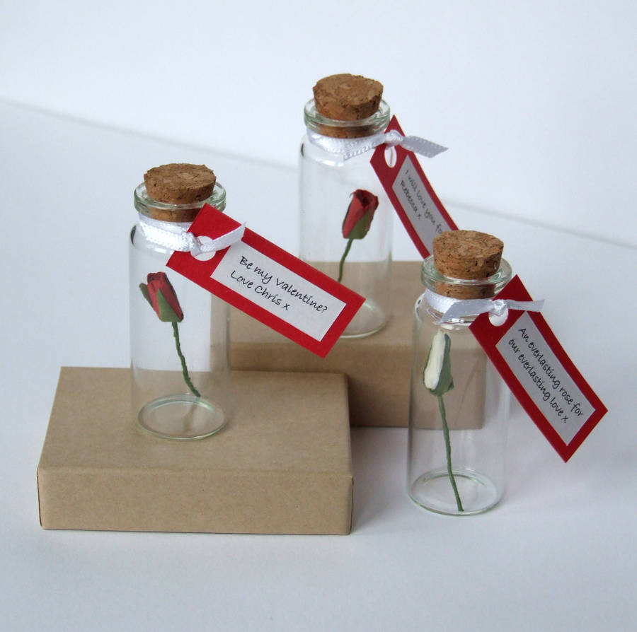 tiny single rose in a bottle with personalised message by made in words ...
