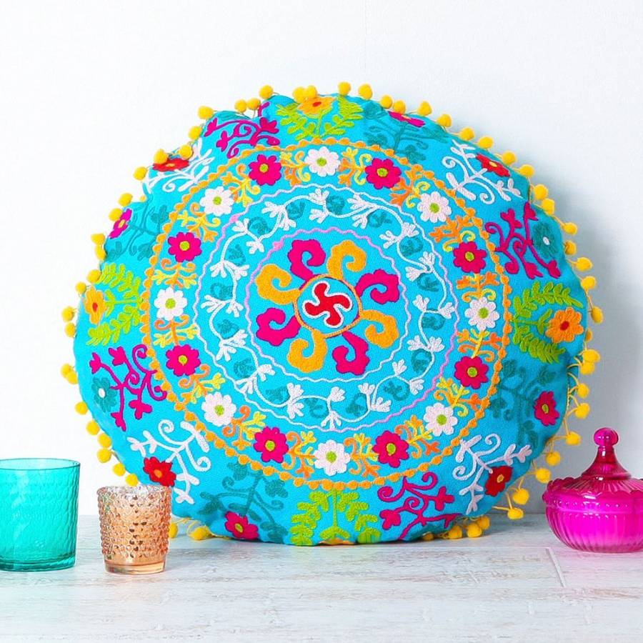 handmade embroidered turquoise round cushion by all things brighton ...